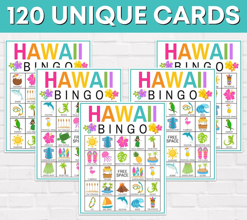 120 Hawaii Bingo Cards Printable Game, Luau Aloha Hawaiian Birthday ...