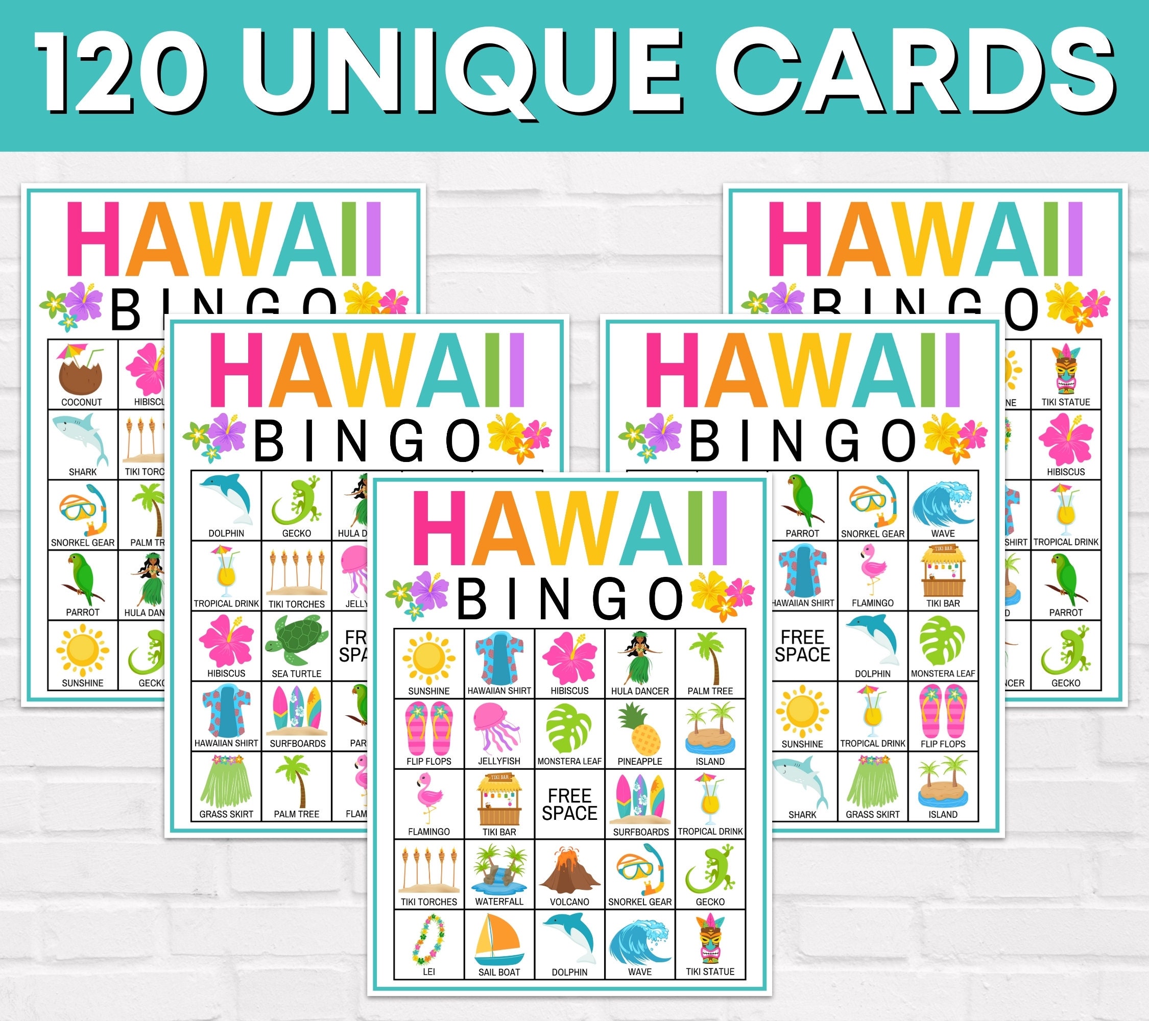 120 Hawaii Bingo Cards Printable Game, Luau Aloha Hawaiian Birthday ...