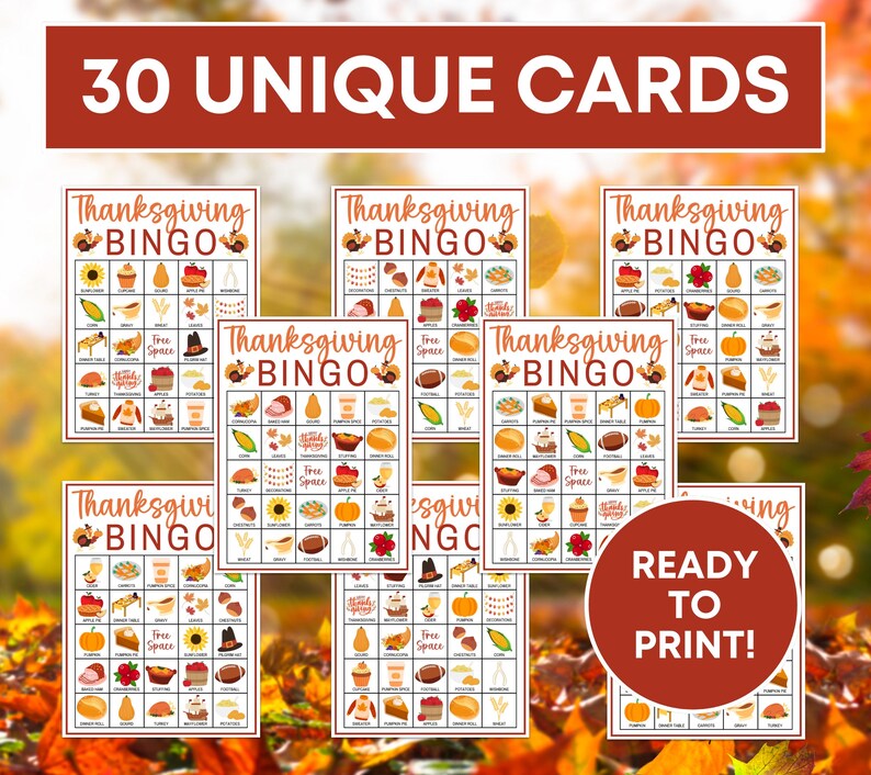 30 Thanksgiving Bingo Cards Printable Game,thanksgiving Fall Bingo ...