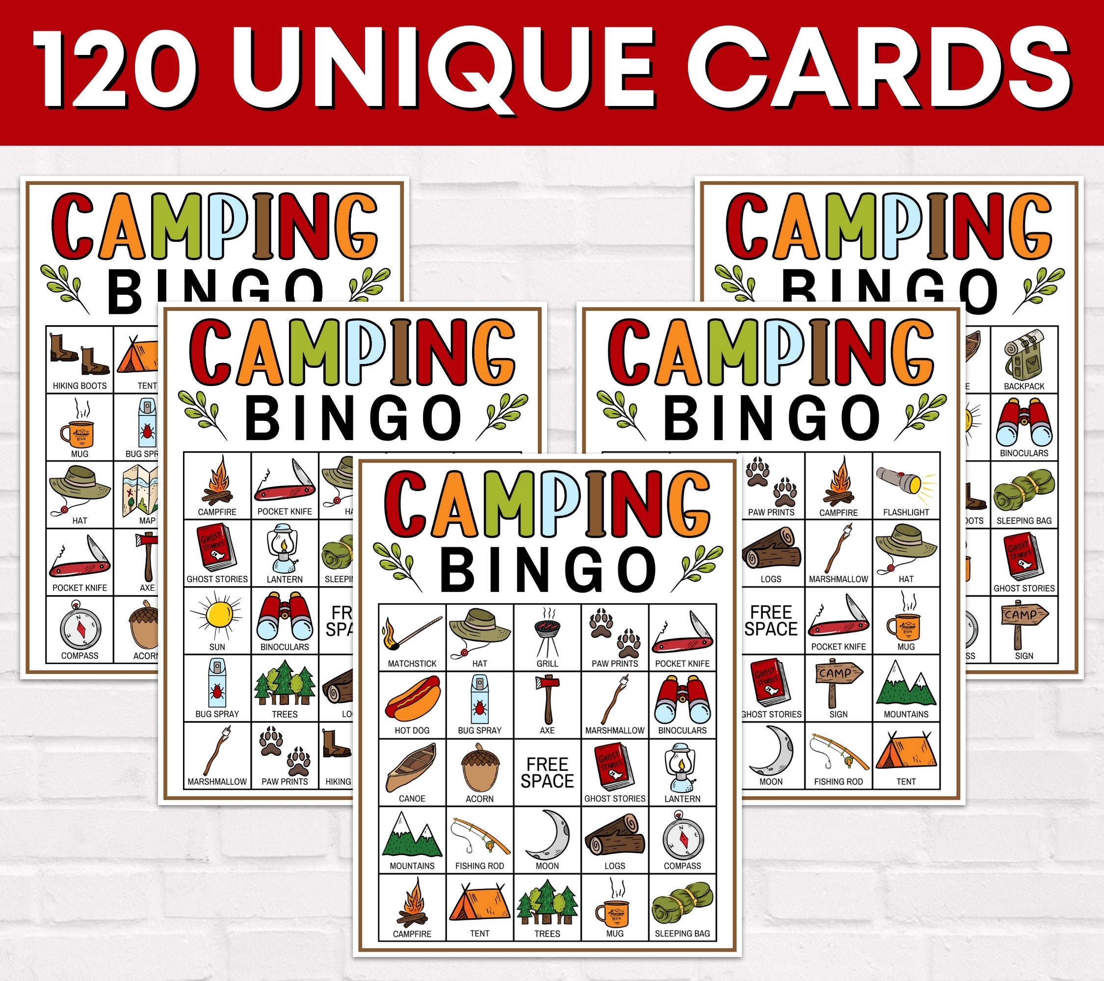 120 Camping Bingo Cards Printable Game, Camping Party Bingo Game ...