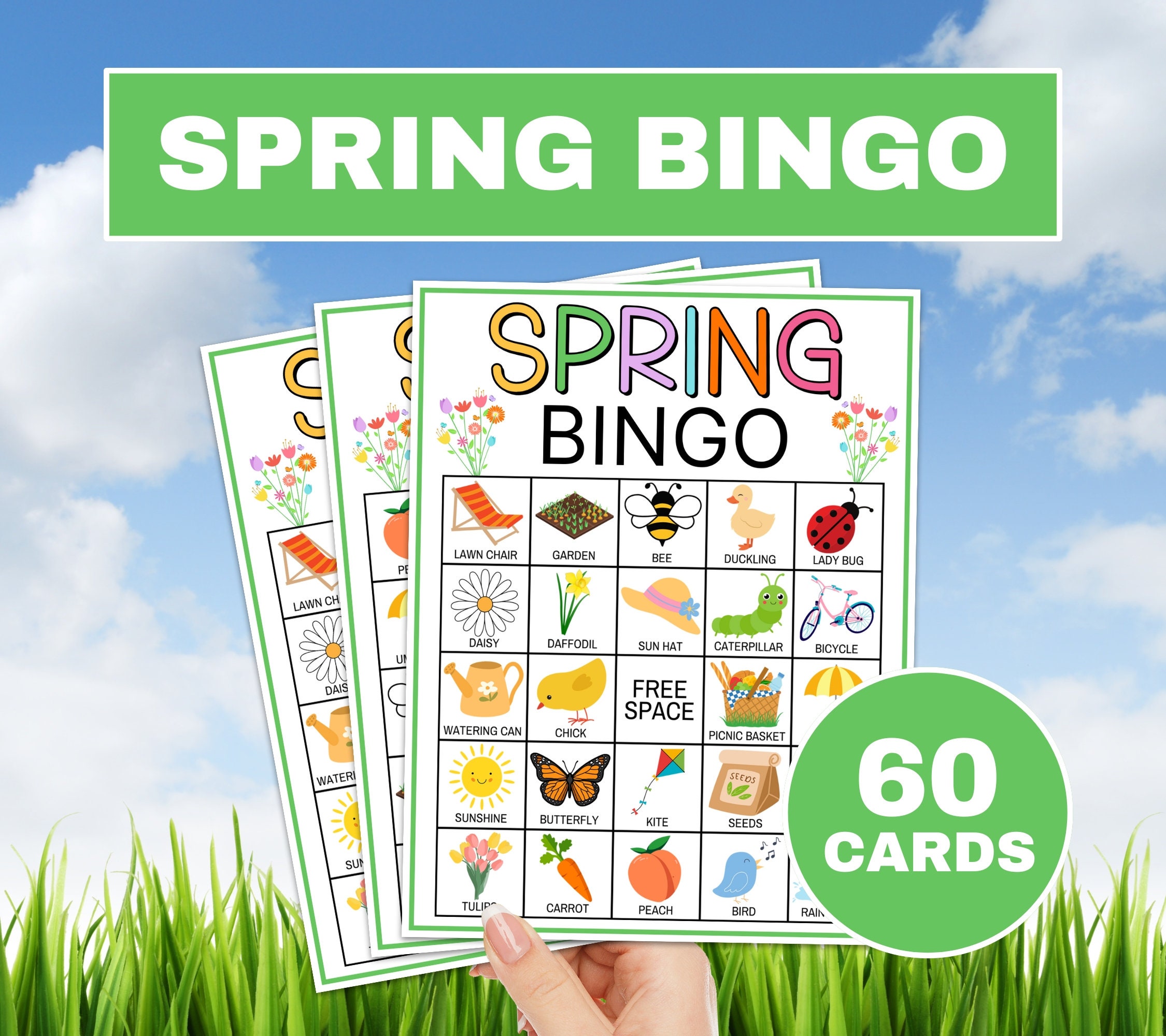 60 Spring Bingo Cards Printable Game, Spring Bingo Kids Classroom ...