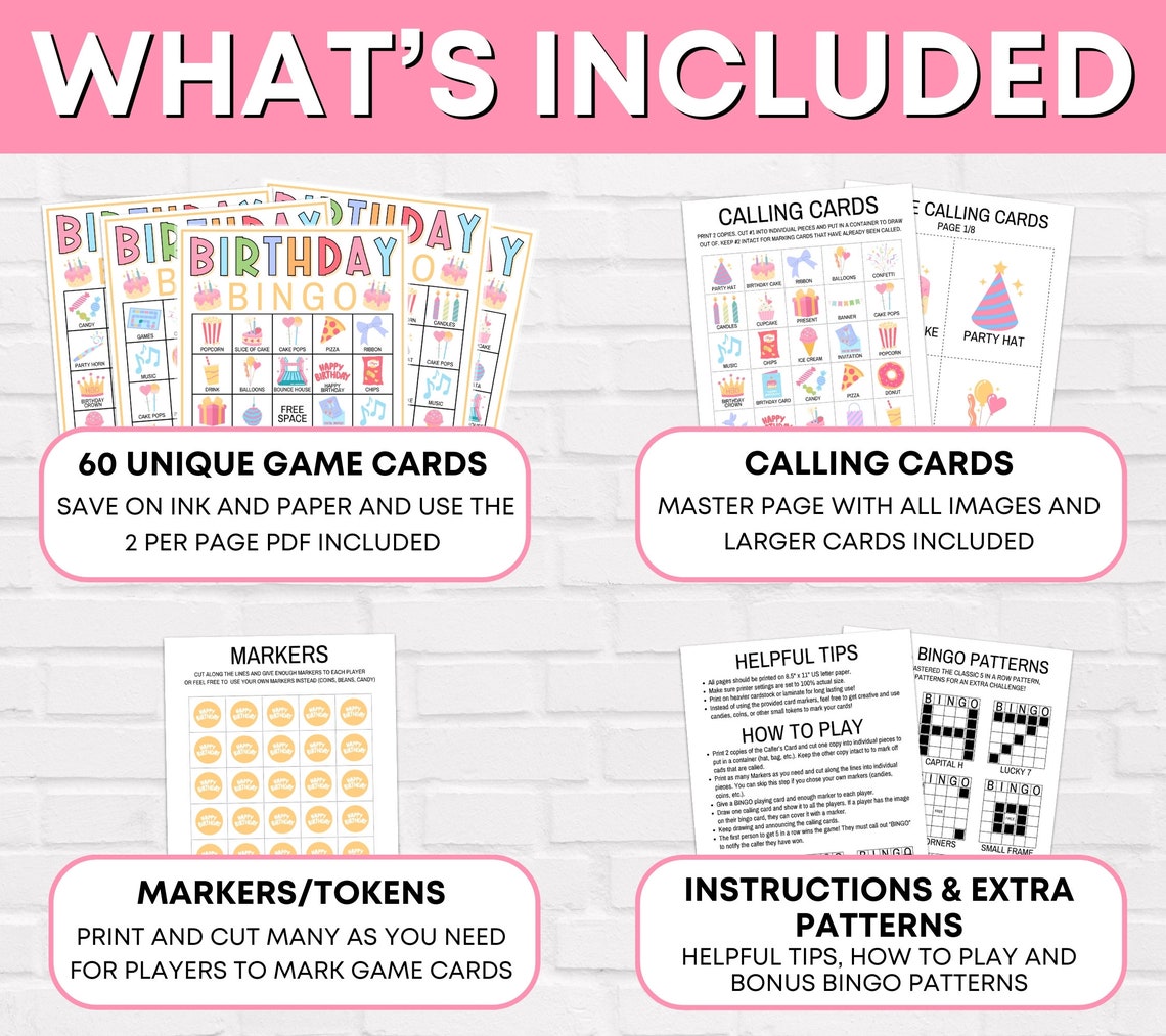 60 Birthday Bingo Cards Printable Game, Pastel Kids Birthday Bingo ...