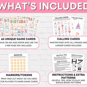 60 Birthday Bingo Cards Printable Game, Pastel Kids Birthday Bingo ...