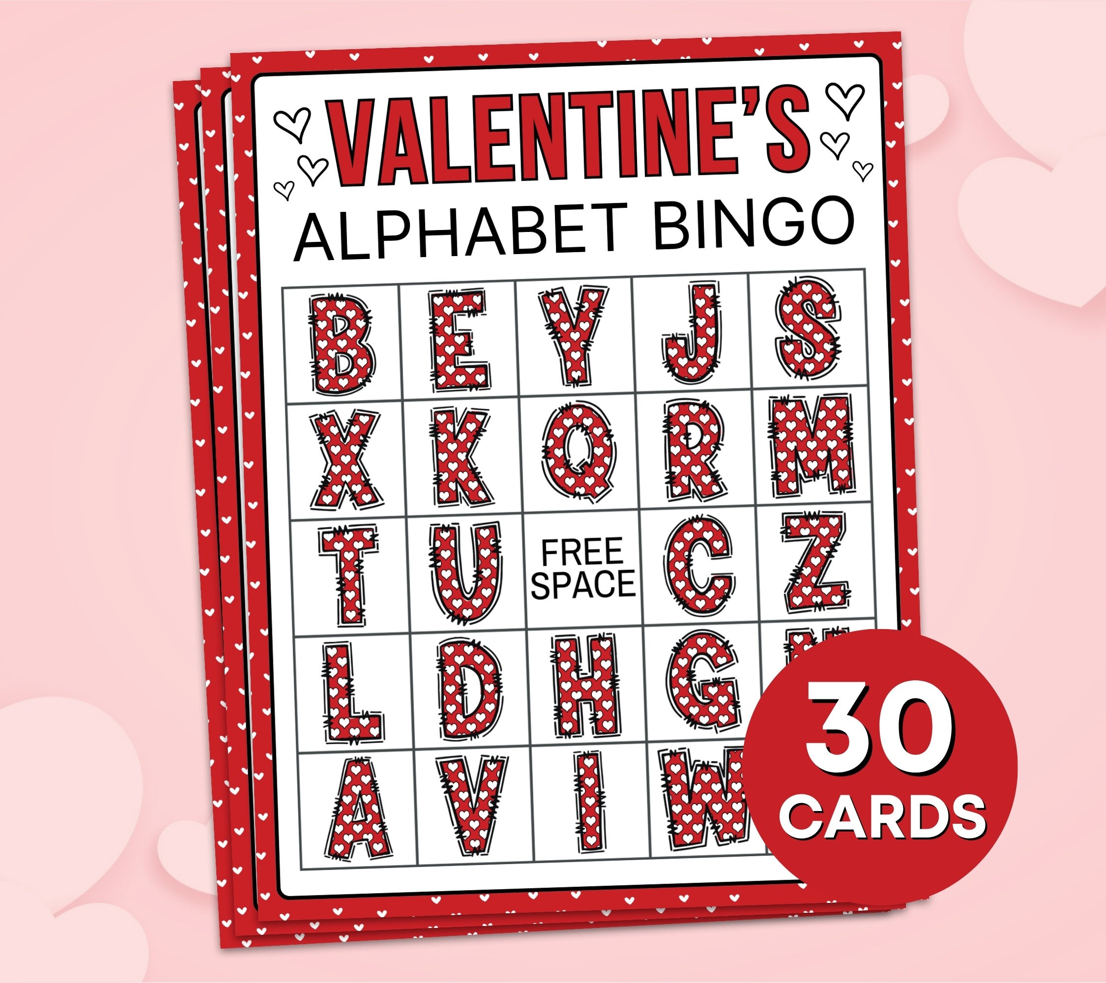 30 Valentines Alphabet Bingo Game Cards Printable, Valentine Classroom ...