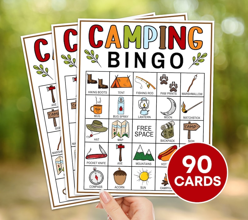 90 Camping Bingo Cards Printable Game, Camping Party Bingo Game ...