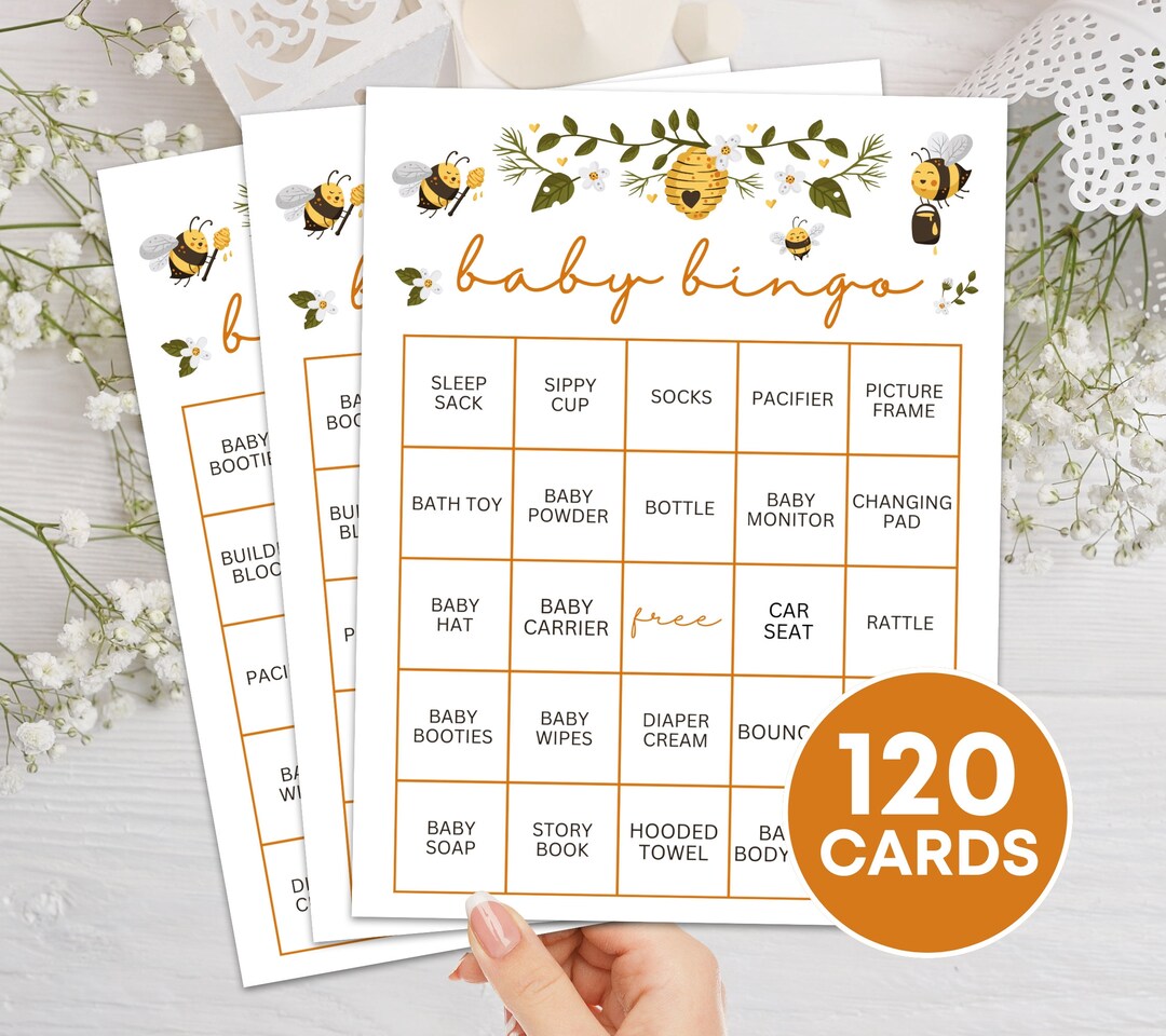 120 Bee Baby Shower Bingo Cards Printable Game, Baby Bee Shower Gift ...