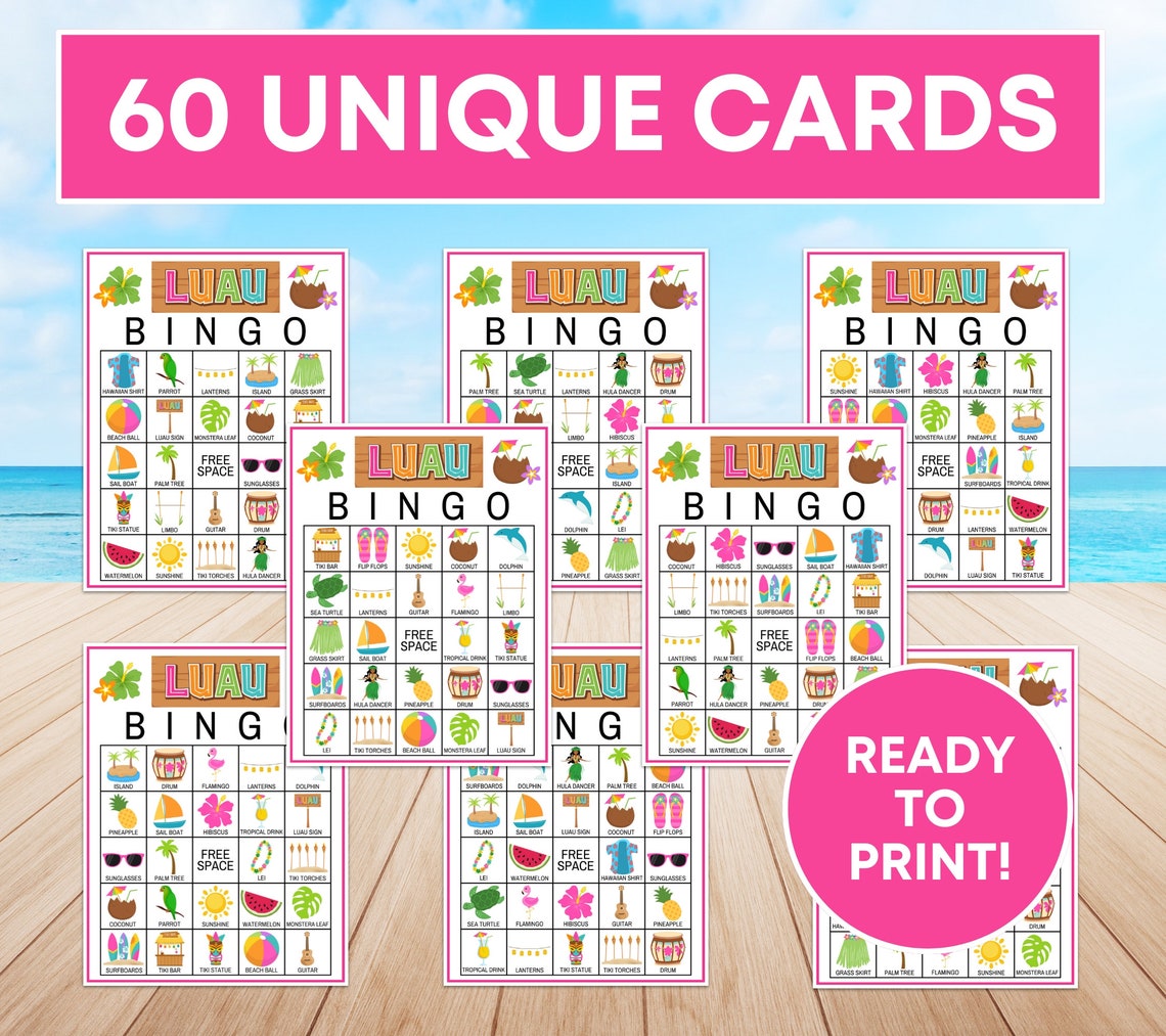 60 Luau Bingo Cards Printable Game, Aloha Hawaiian Birthday Party Bingo ...