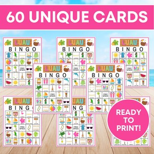 60 Luau Bingo Cards Printable Game, Aloha Hawaiian Birthday Party Bingo ...