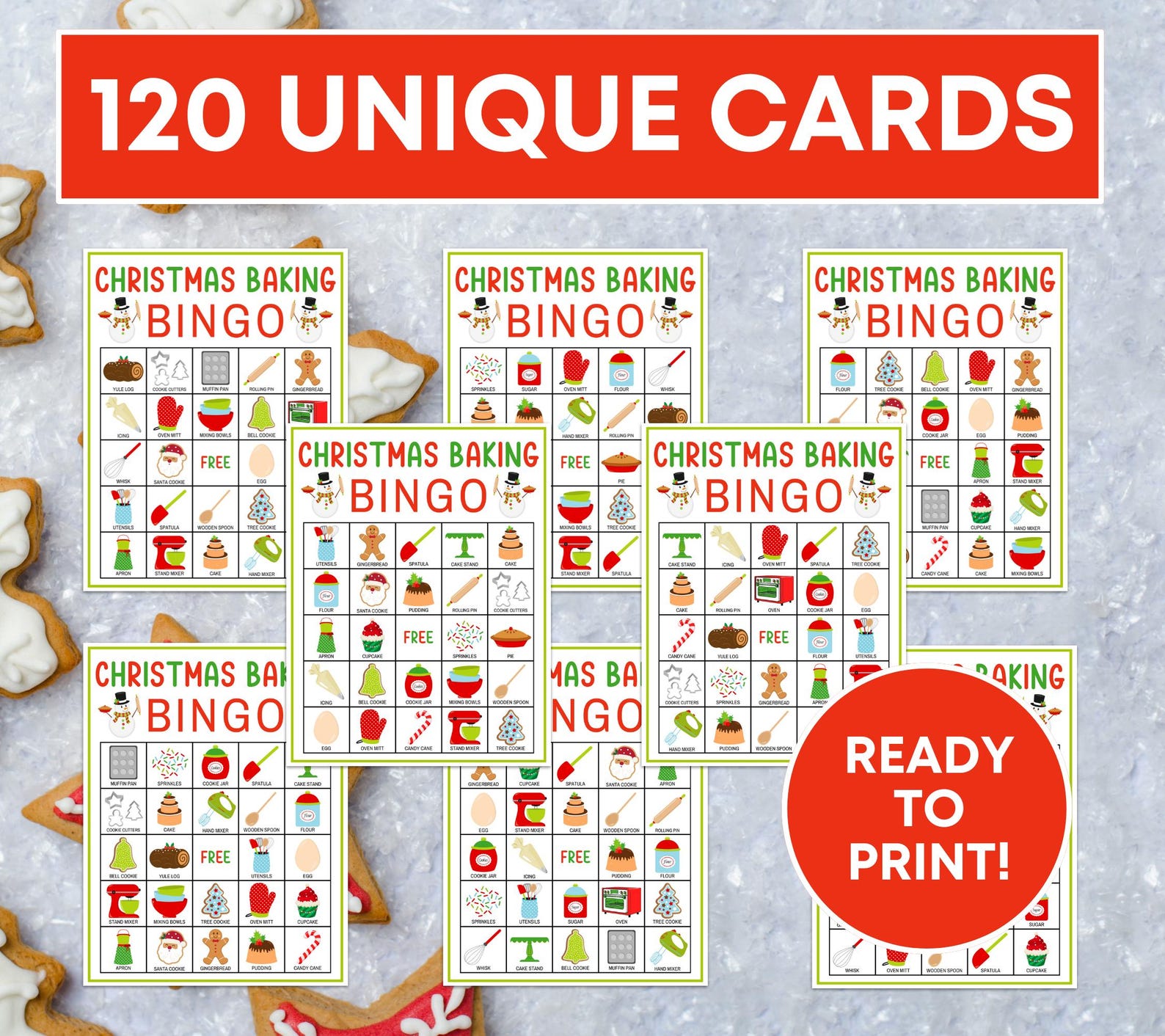 120 Christmas Baking Bingo Card Printable Game, Christmas Cookie Bingo ...