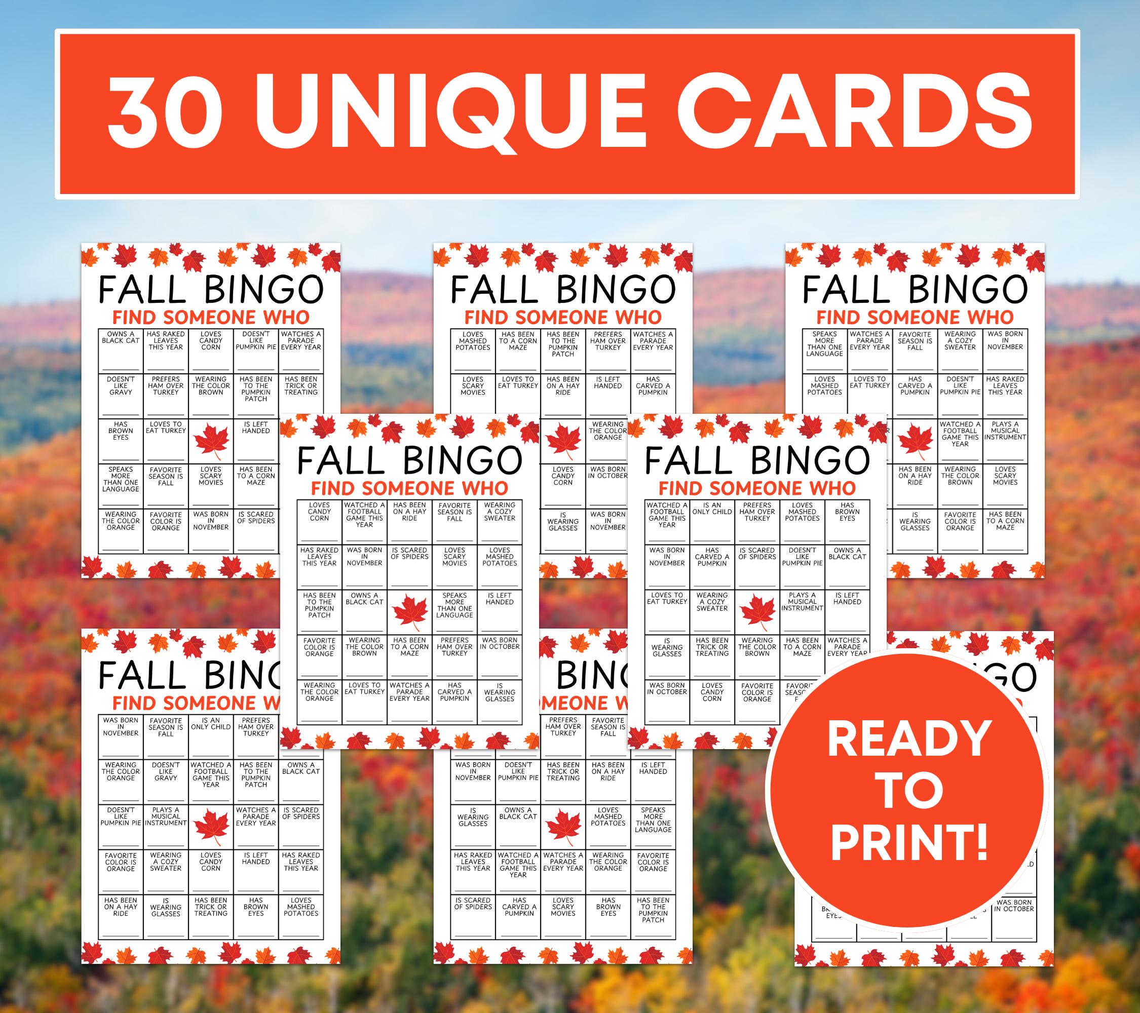30 Fall Mingle Bingo Cards Printable Game, Fall Autumn Find Someone Who ...