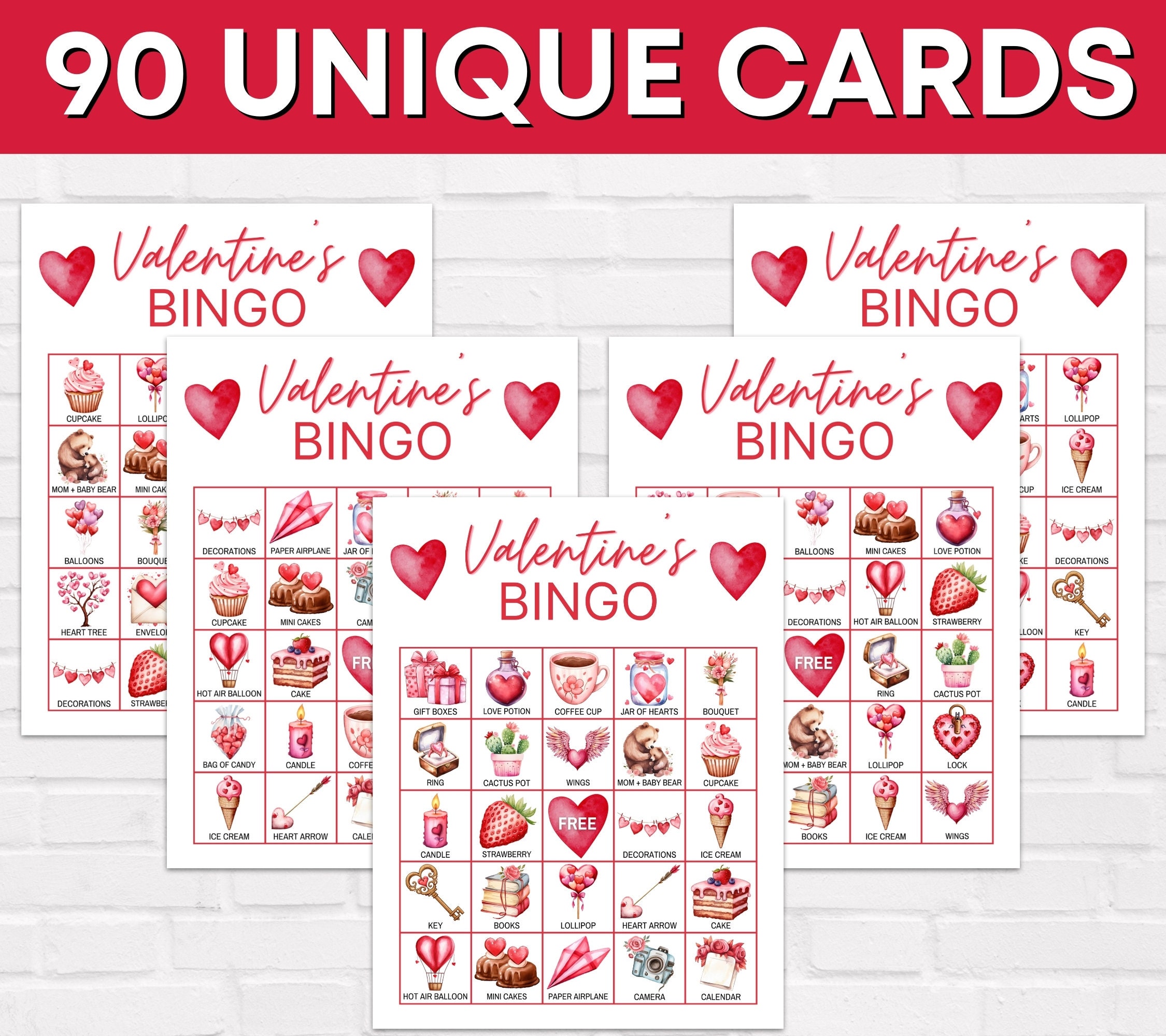 90 Valentines Bingo Game Cards Printable, Valentine's Day Bingo Cards ...
