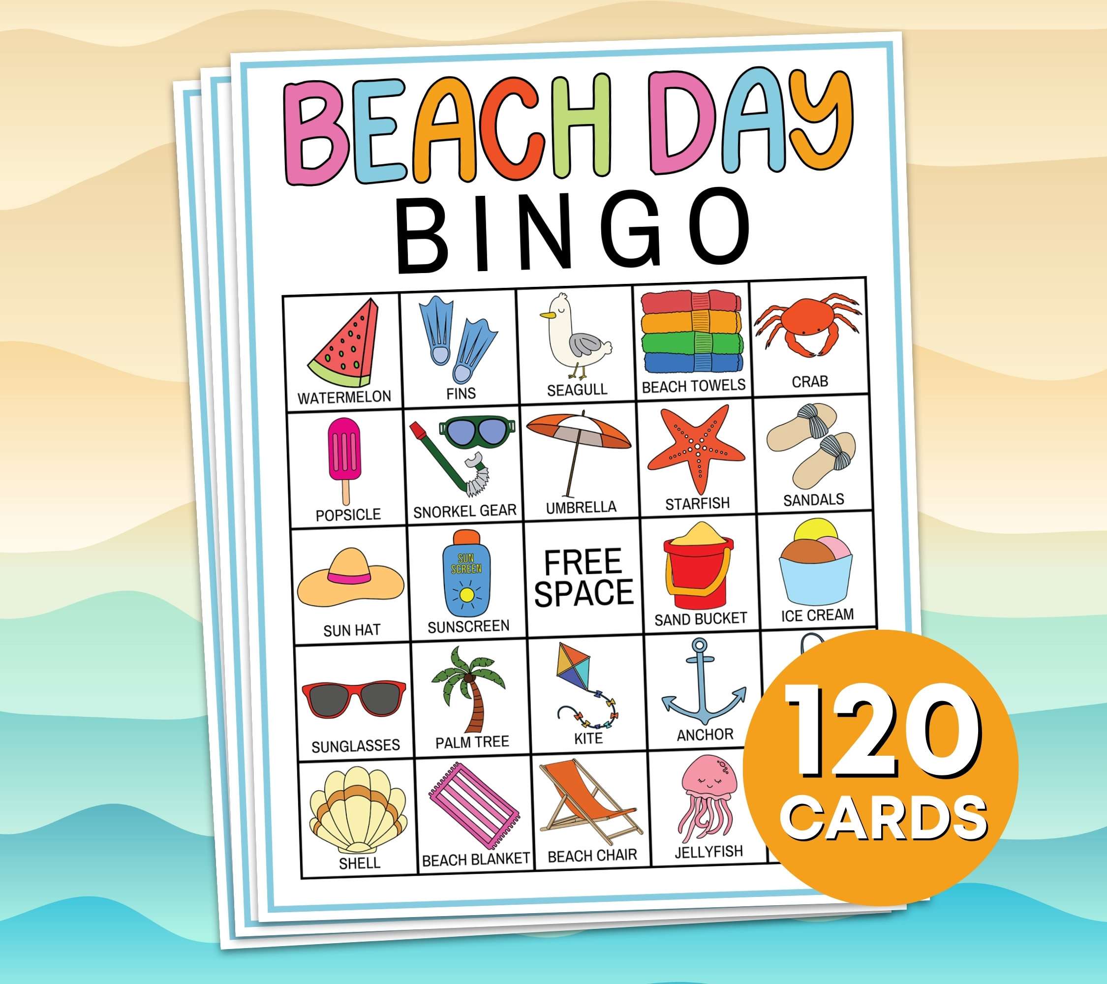 120 Beach Bingo Cards Printable Game, Beach Day Birthday Party Bingo ...
