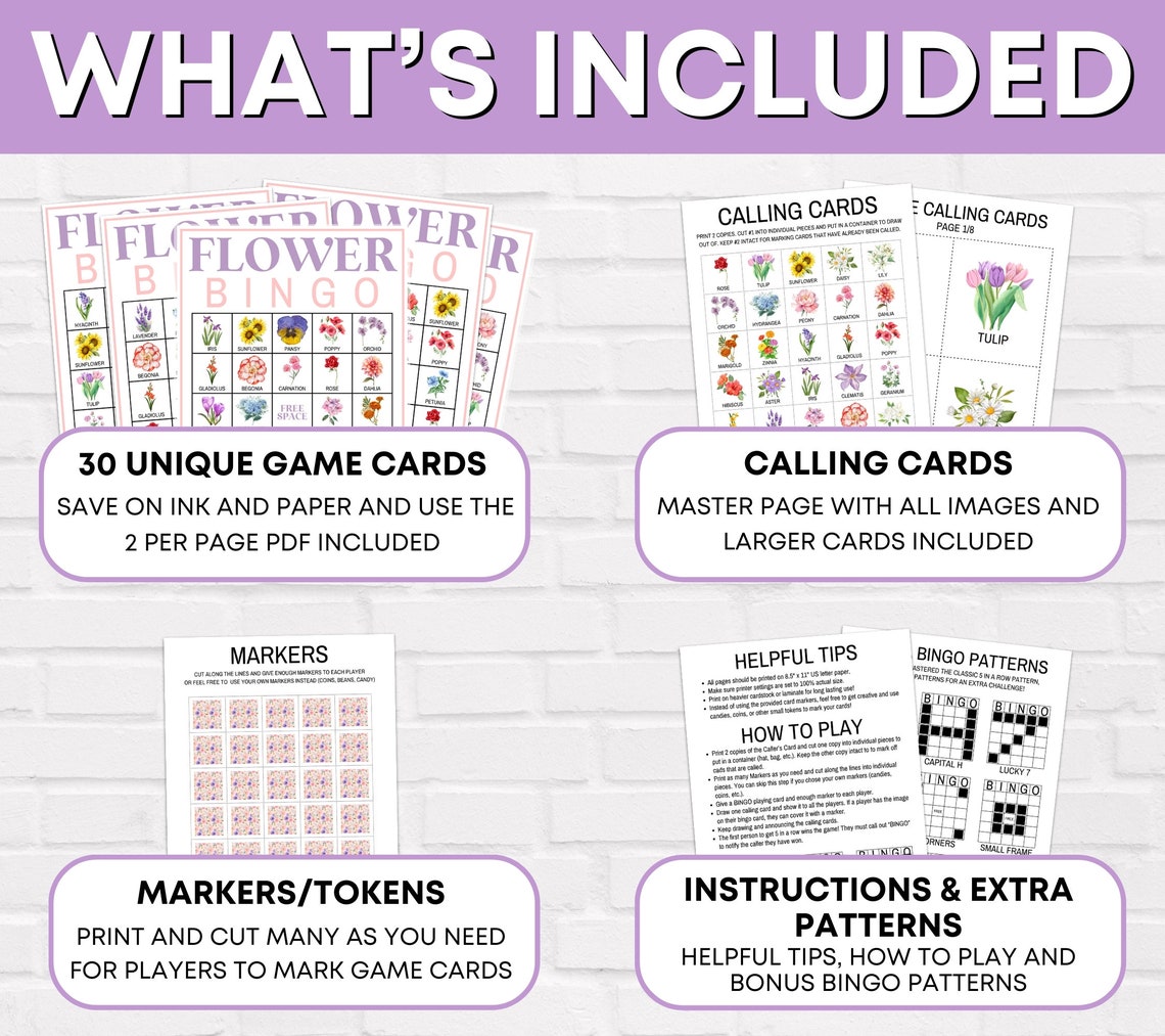 30 Flower Bingo Cards Printable Game, Floral Spring Bingo Boards Kids ...