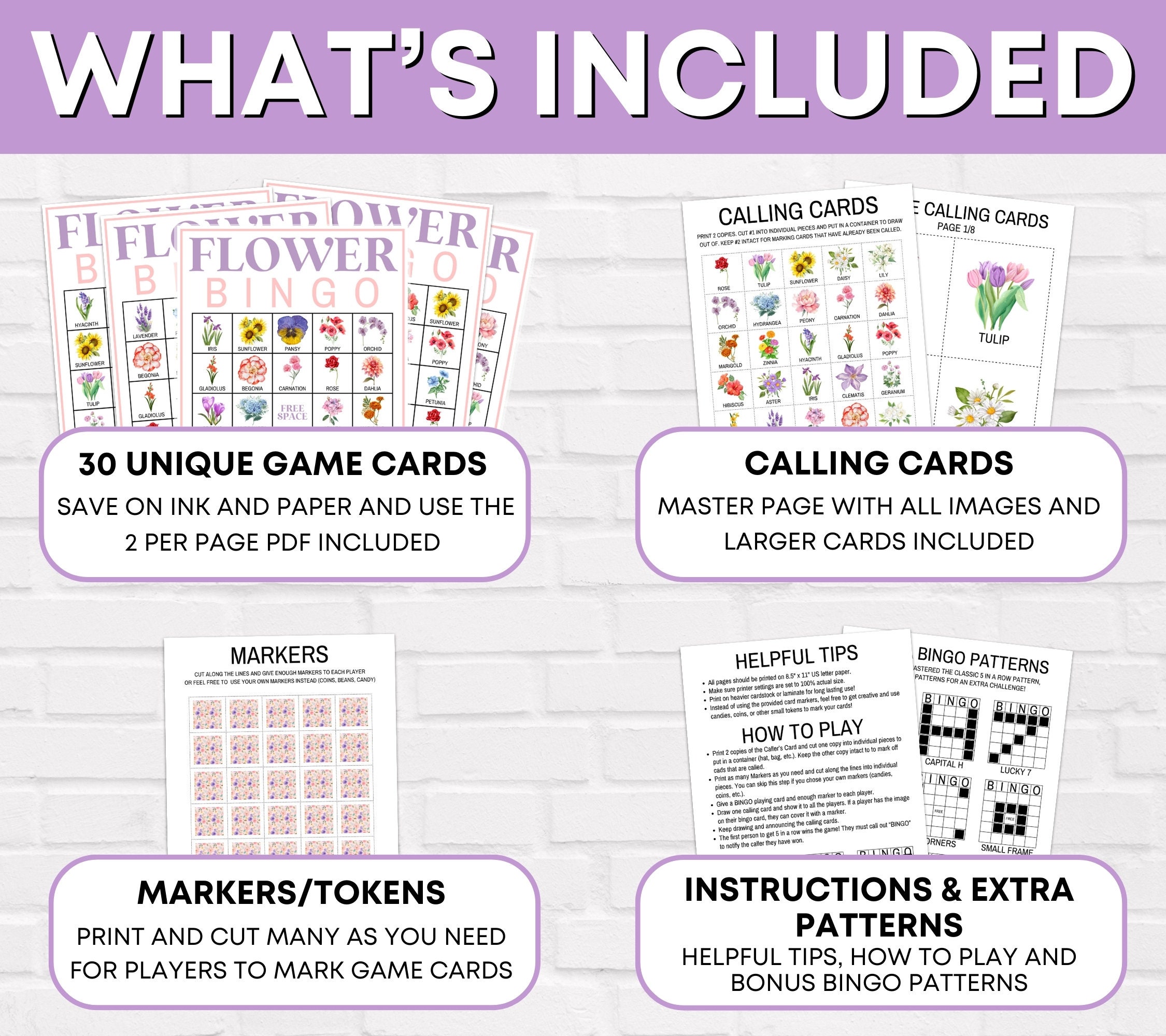 30 Flower Bingo Cards Printable Game, Floral Spring Bingo Boards Kids ...