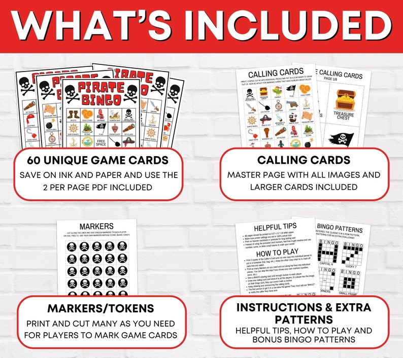 Juego imprimible de 60 cartas de bingo pirata, actividad de juego de ...