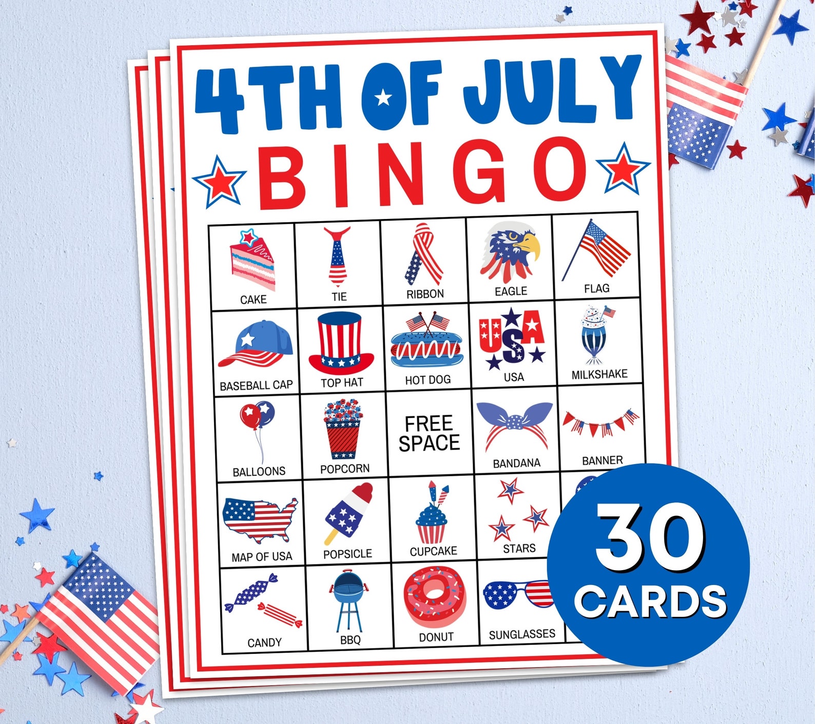 30 Fourth of July Bingo Cards Printable Game, 4th of July USA ...