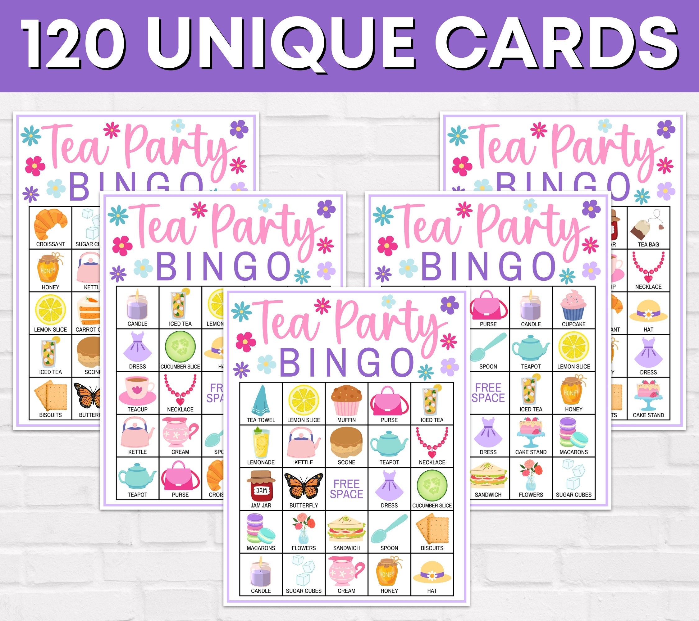 120 Tea Party Bingo Cards Printable Game, Tea Party Bridal Shower Bingo ...