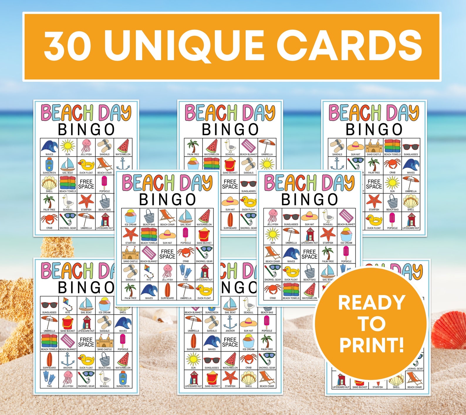 30 Beach Bingo Cards Printable Game, Beach Day Birthday Party Bingo ...