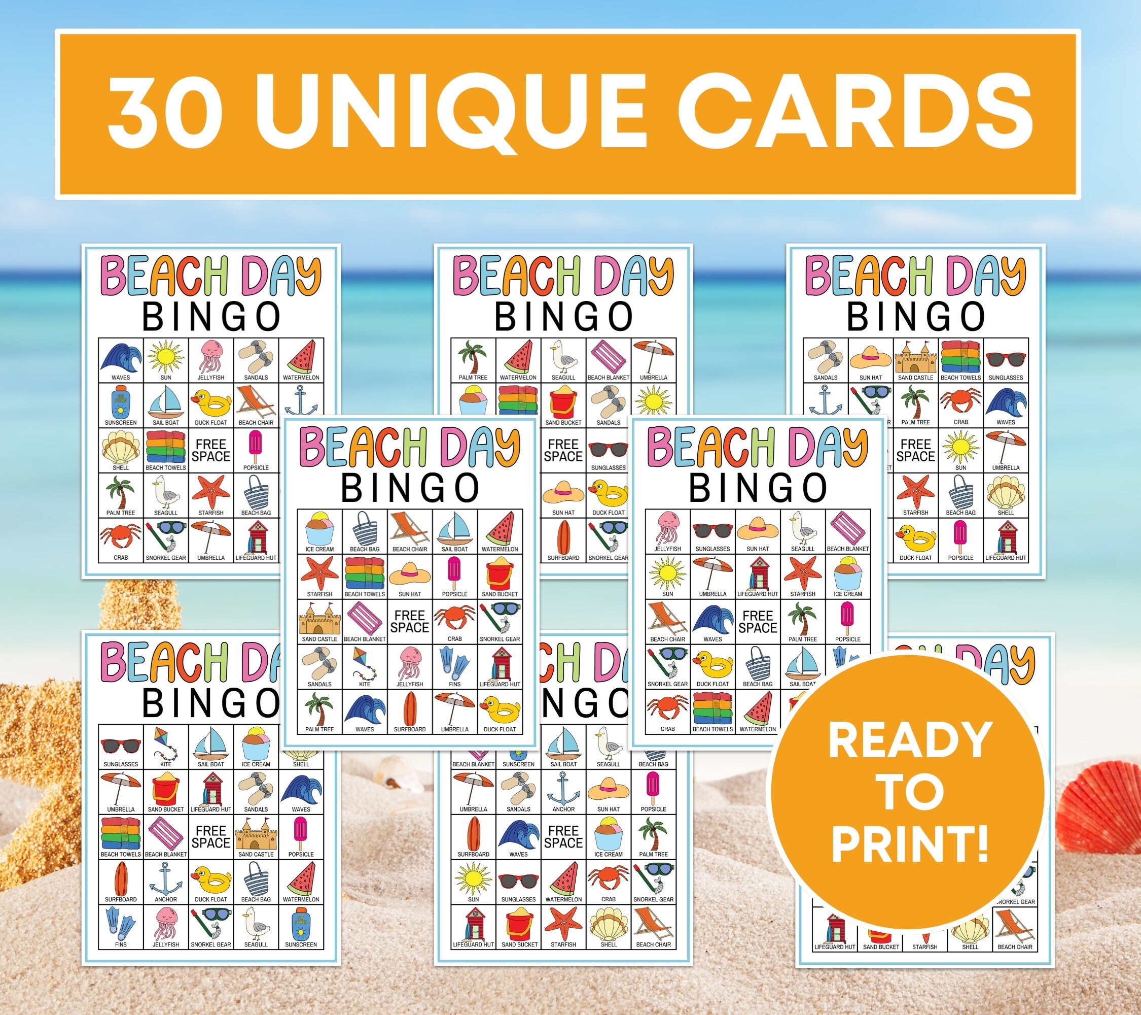 30 Beach Bingo Cards Printable Game, Beach Day Birthday Party Bingo ...