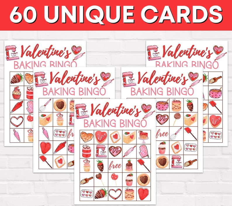 60 Valentines Day Baking Bingo Game Cards Printable, Valentines Baking ...
