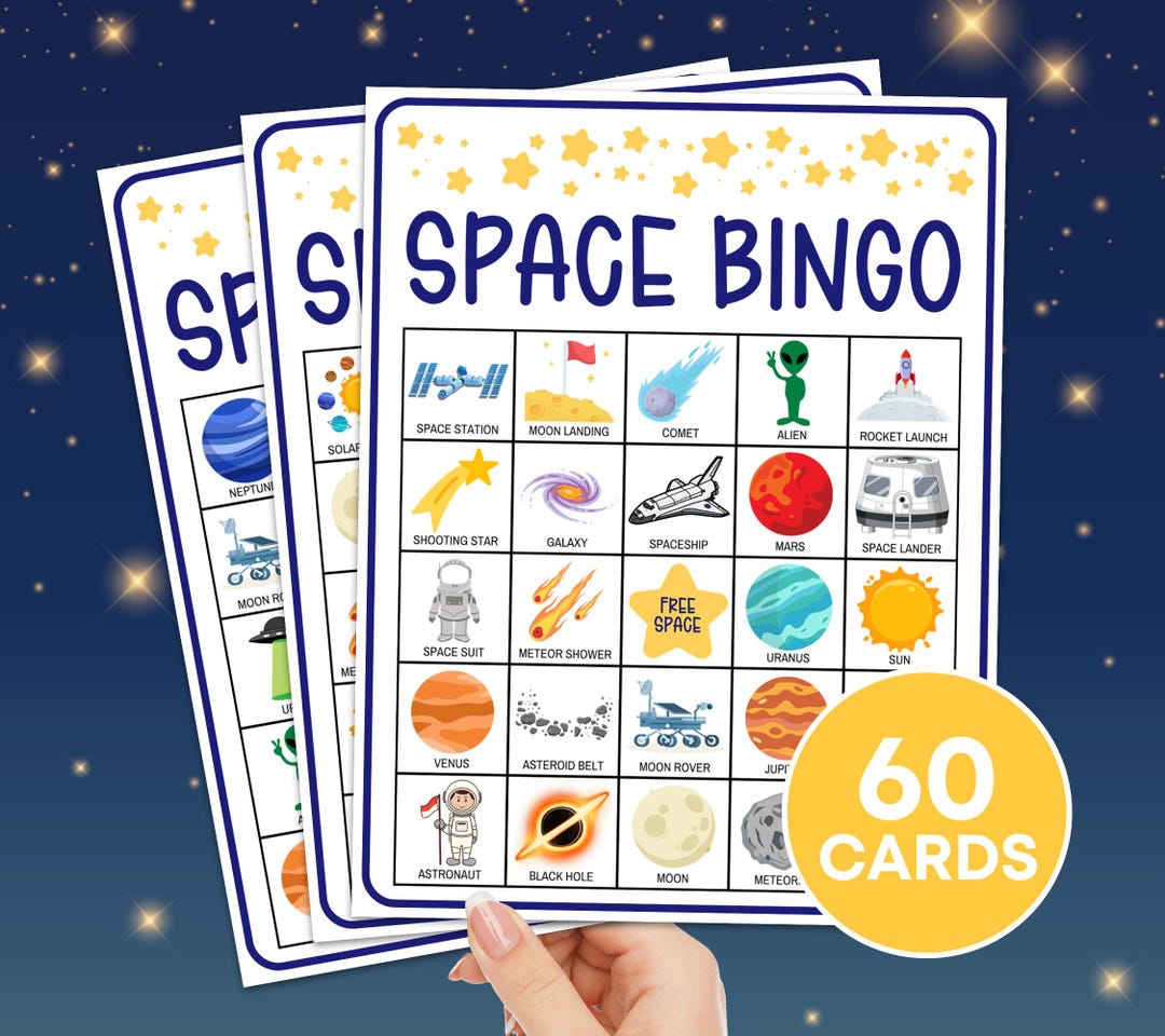 60 Space Bingo Cards Printable Game, Outer Space Birthday Party Game ...