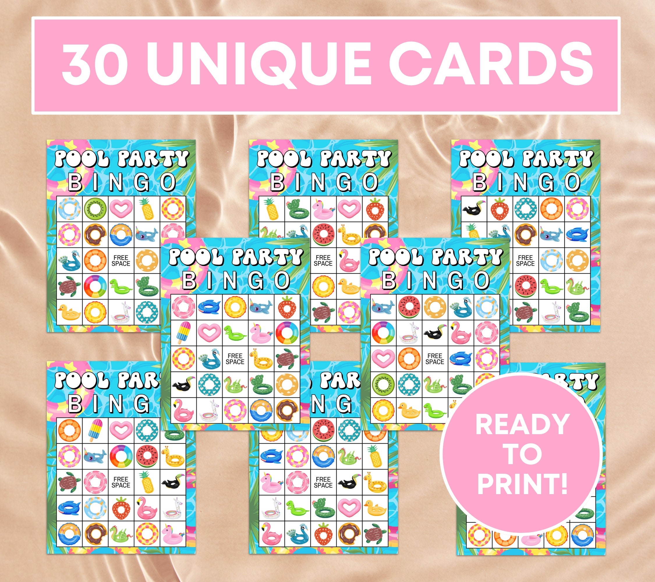30 Pool Party Bingo Cards Printable Game, Summer Pool Party Birthday ...