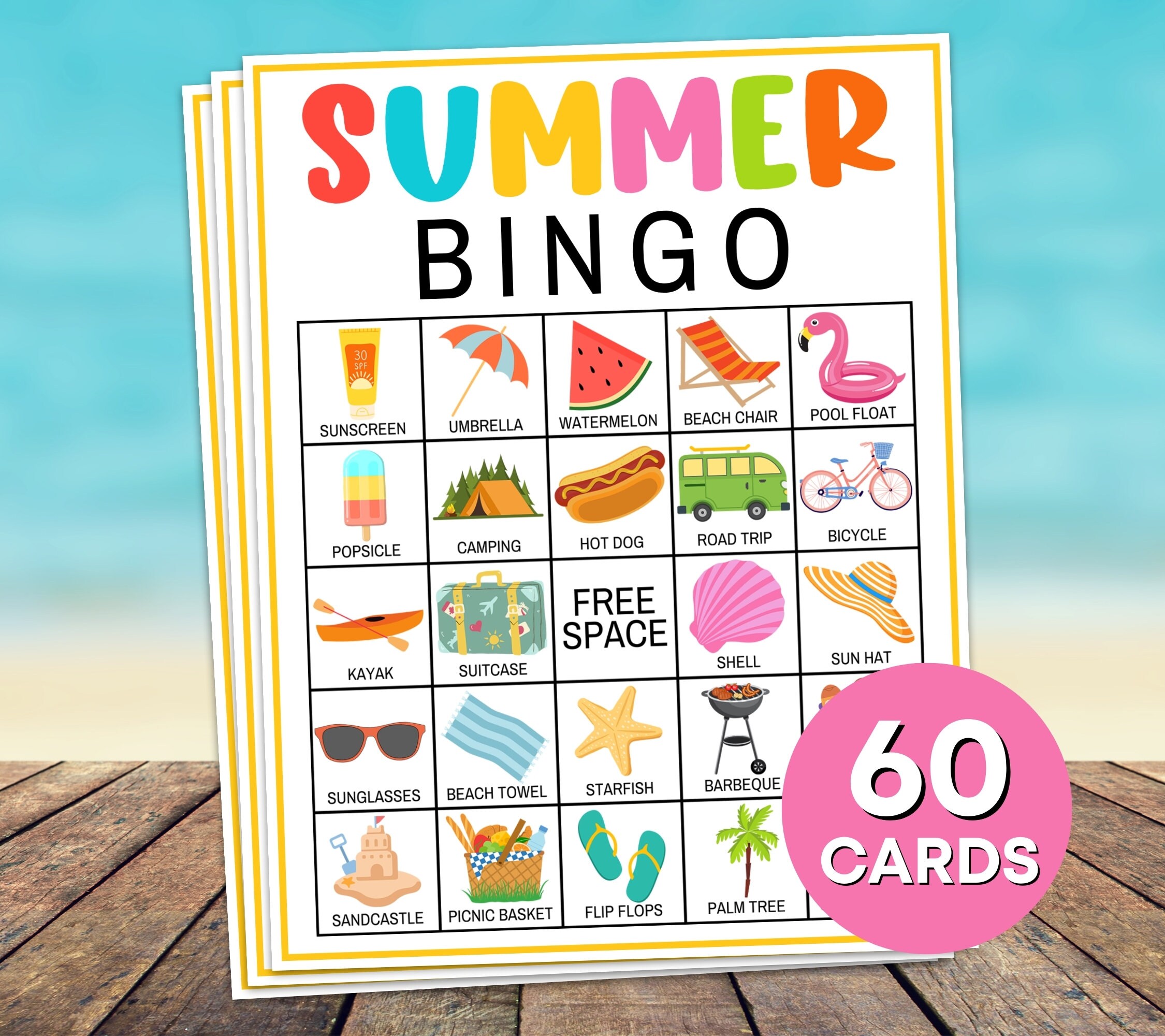 60 Summer Bingo Cards Printable Game, Summer Birthday Party Bingo Game ...