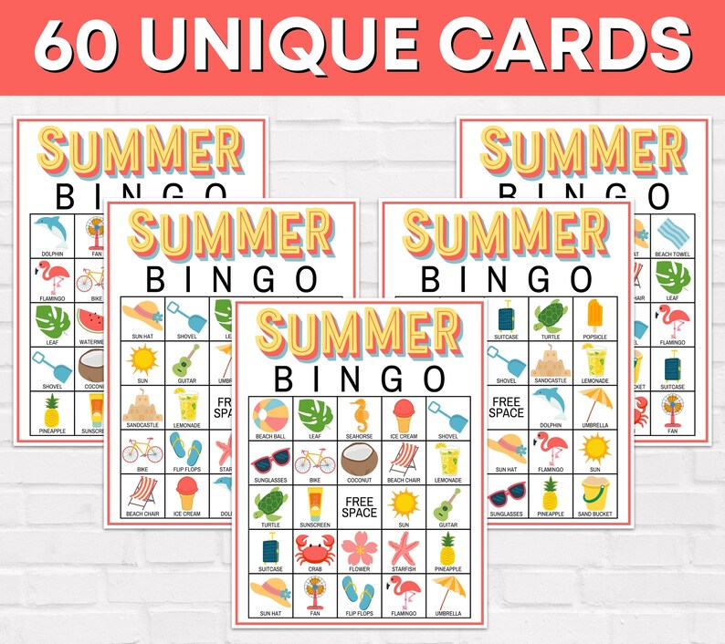 60 Summer Bingo Cards Printable Game, Summer Birthday Party Bingo Game ...