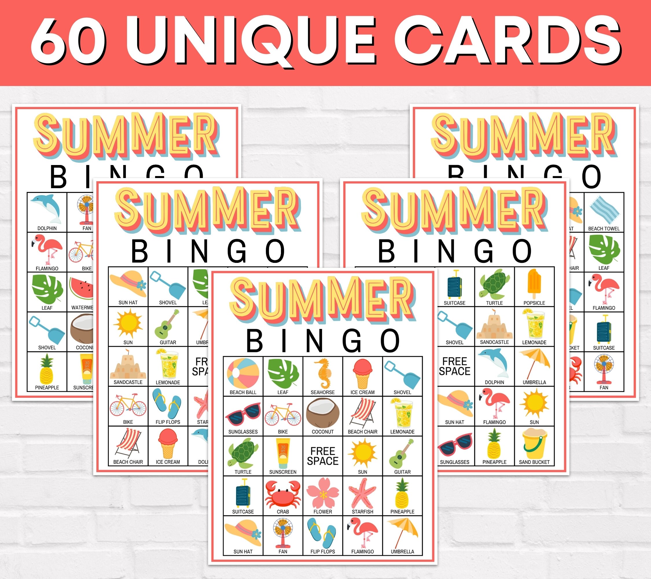 60 Summer Bingo Cards Printable Game, Summer Birthday Party Bingo Game ...