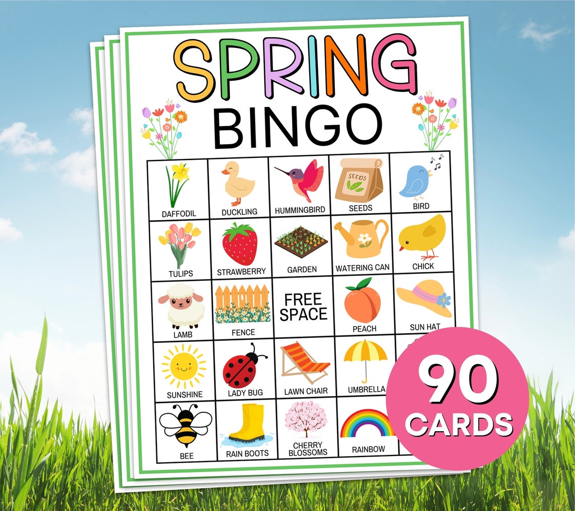 90 Spring Bingo Cards Printable Game, Spring Bingo Kids Classroom ...