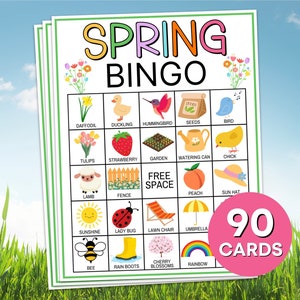 90 Spring Bingo Cards Printable Game, Spring Bingo Kids Classroom ...