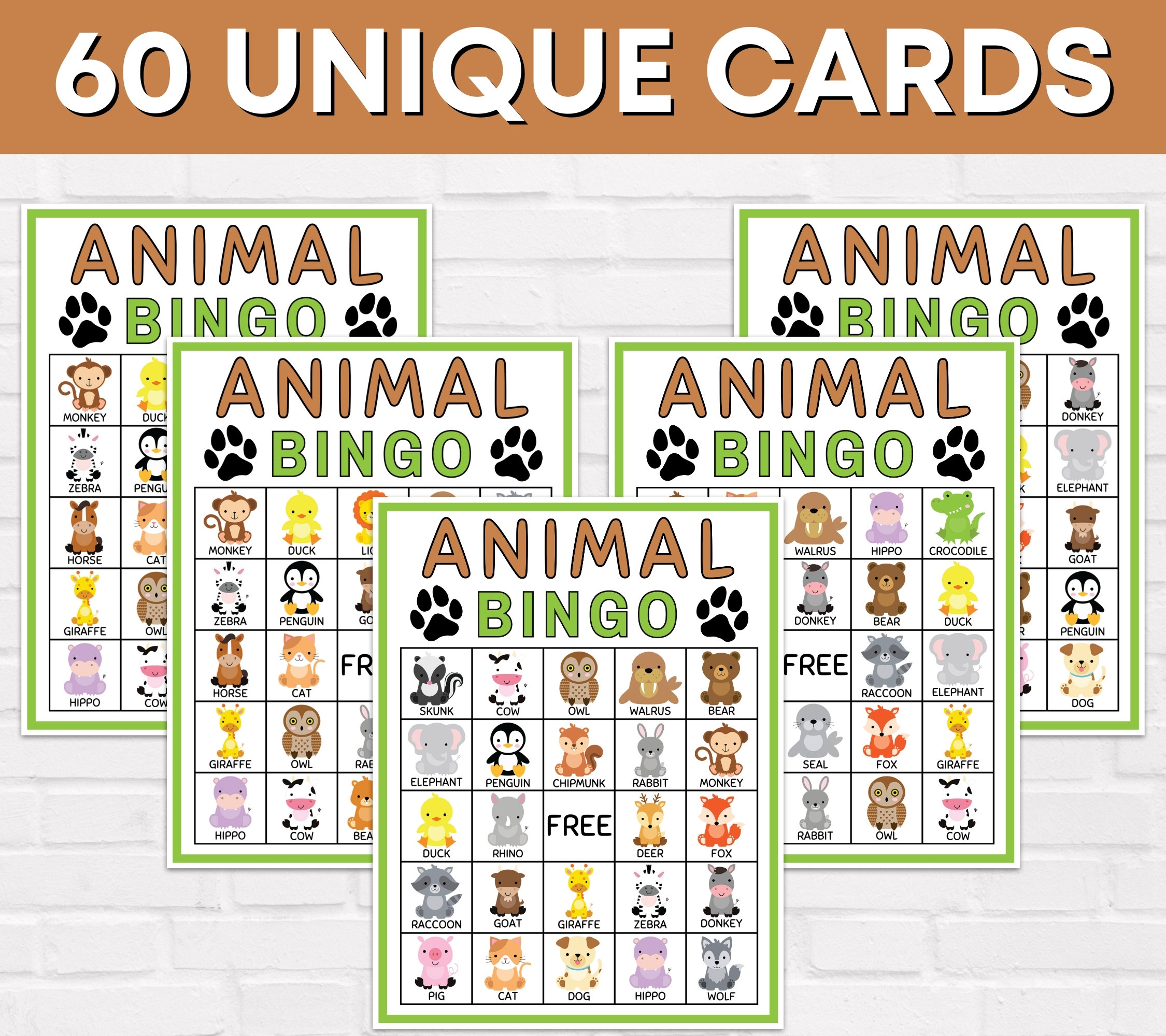 60 Animal Bingo Cards Printable Game, Zoo Baby Animal Bingo Boards ...