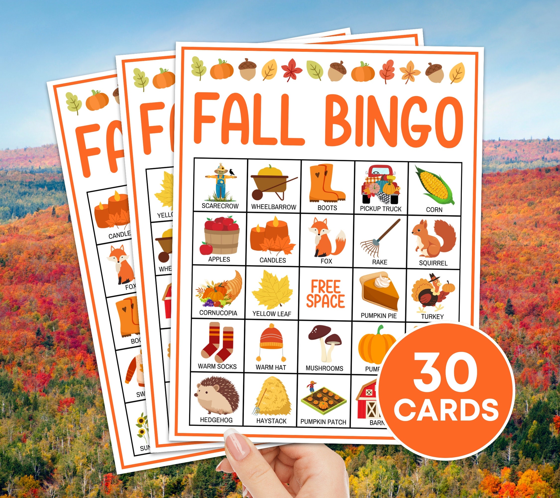 30 Fall Bingo Cards Printable Game, Fall Autumn Bingo Boards, Fall ...