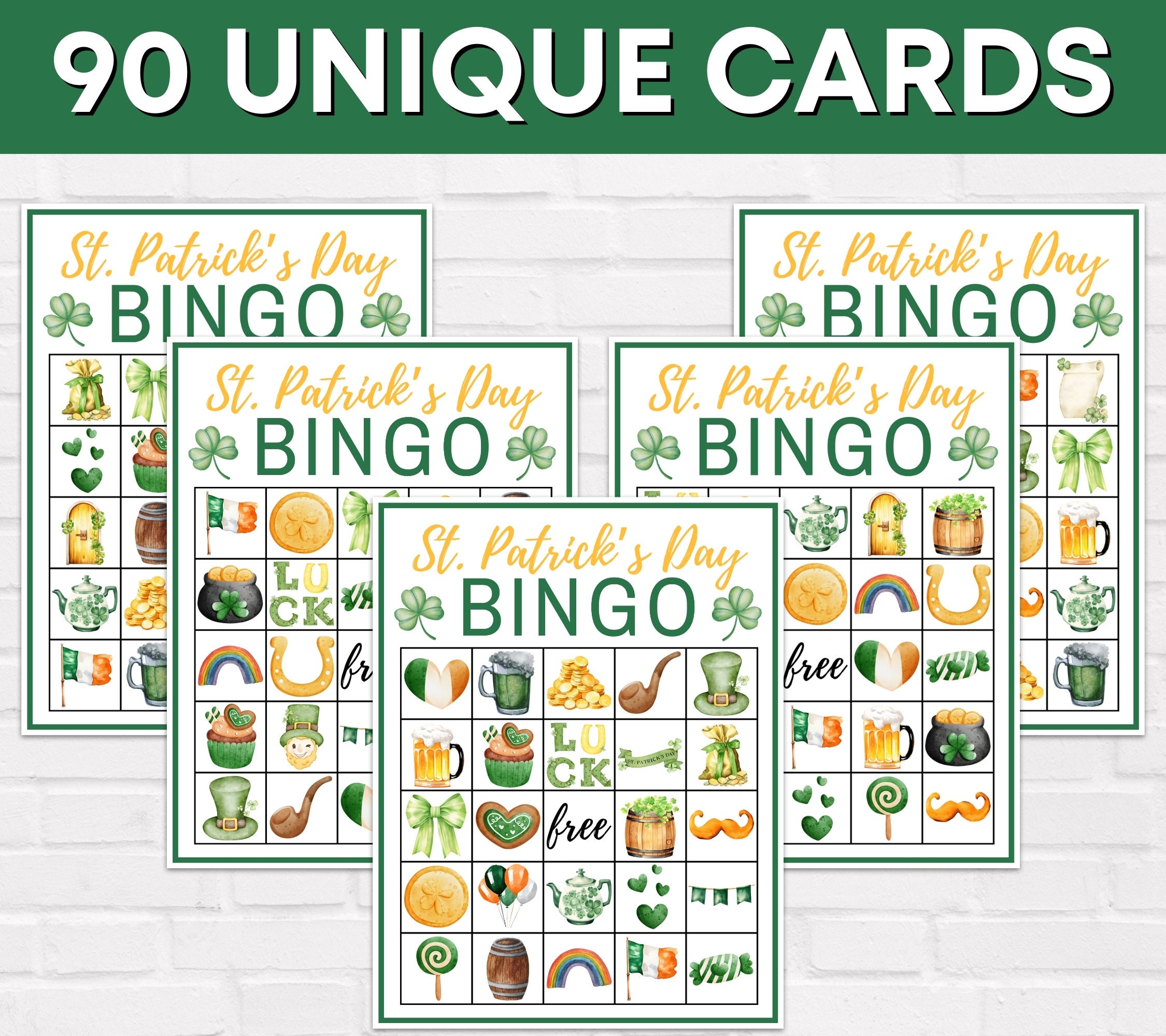 90 St Patricks Day Bingo Cards Game Printable, St Patrick Bingo Board ...