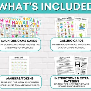 60 Hawaii Bingo Cards Printable Game, Luau Aloha Hawaiian Birthday ...