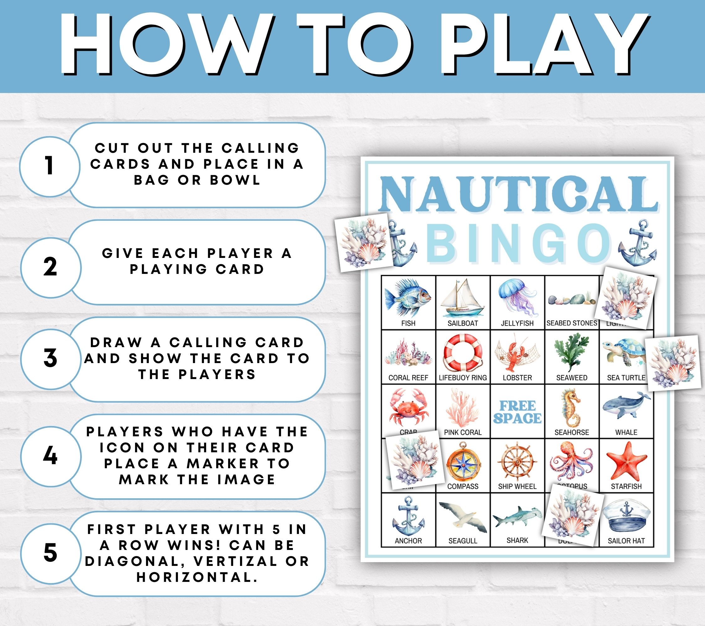 30 Nautical Bingo Cards Printable Game, Ocean Nautical Birthday Party ...