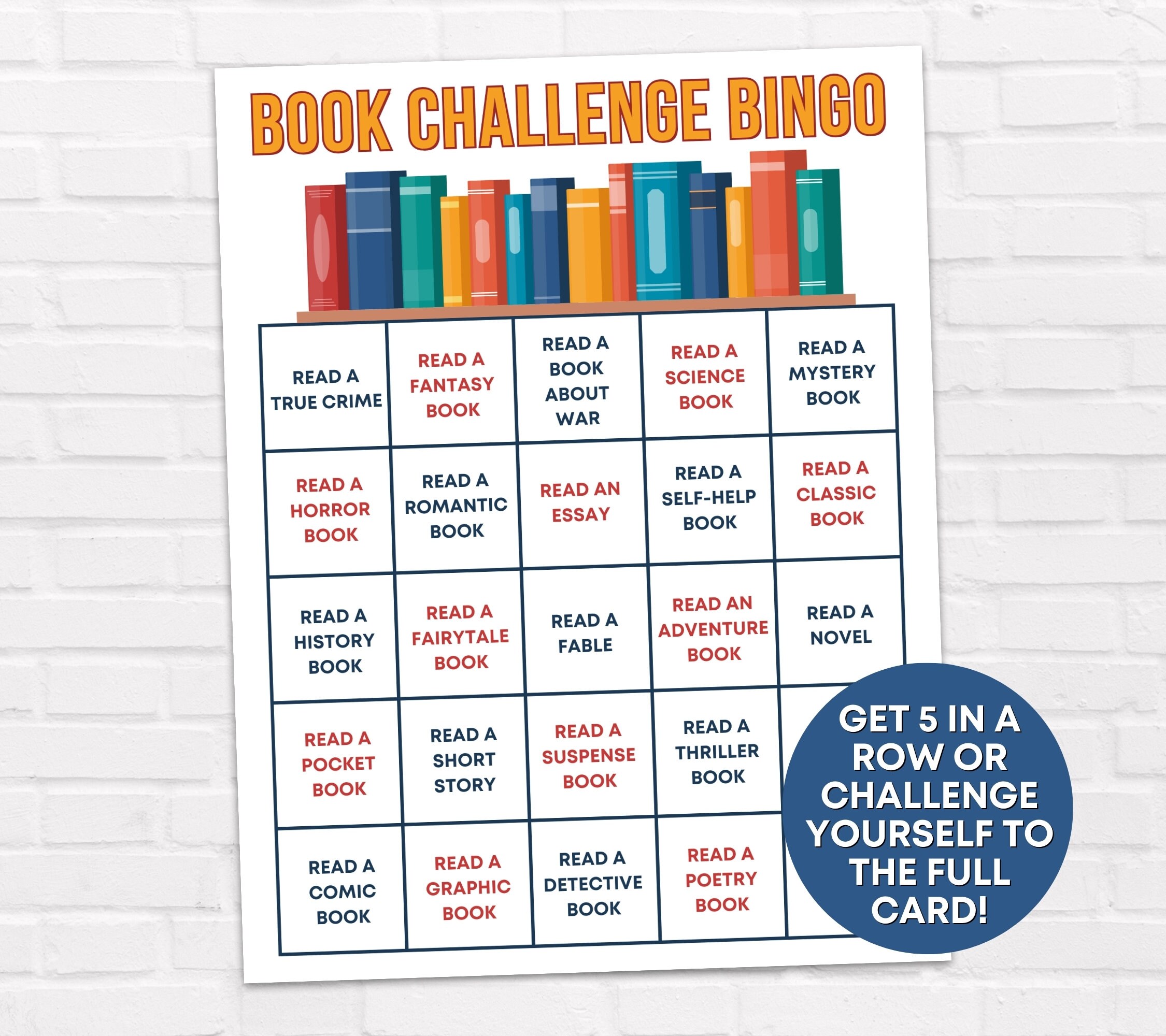 Book Challenge Bingo Printable, Reading Challenge Bingo PDF, Reading ...