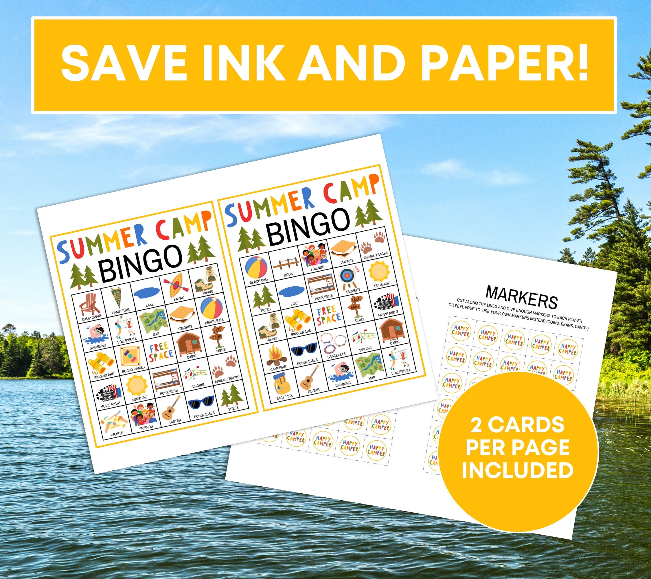 90 Summer Camp Bingo Cards Printable Game, Kids Camping Bingo Game ...