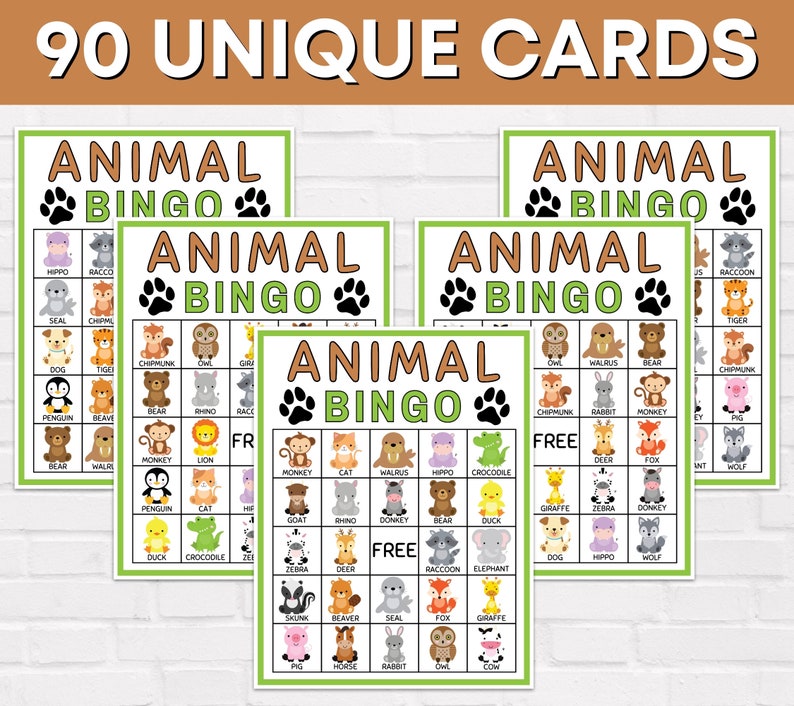 90 Animal Bingo Cards Printable Game, Zoo Baby Animal Bingo Boards ...