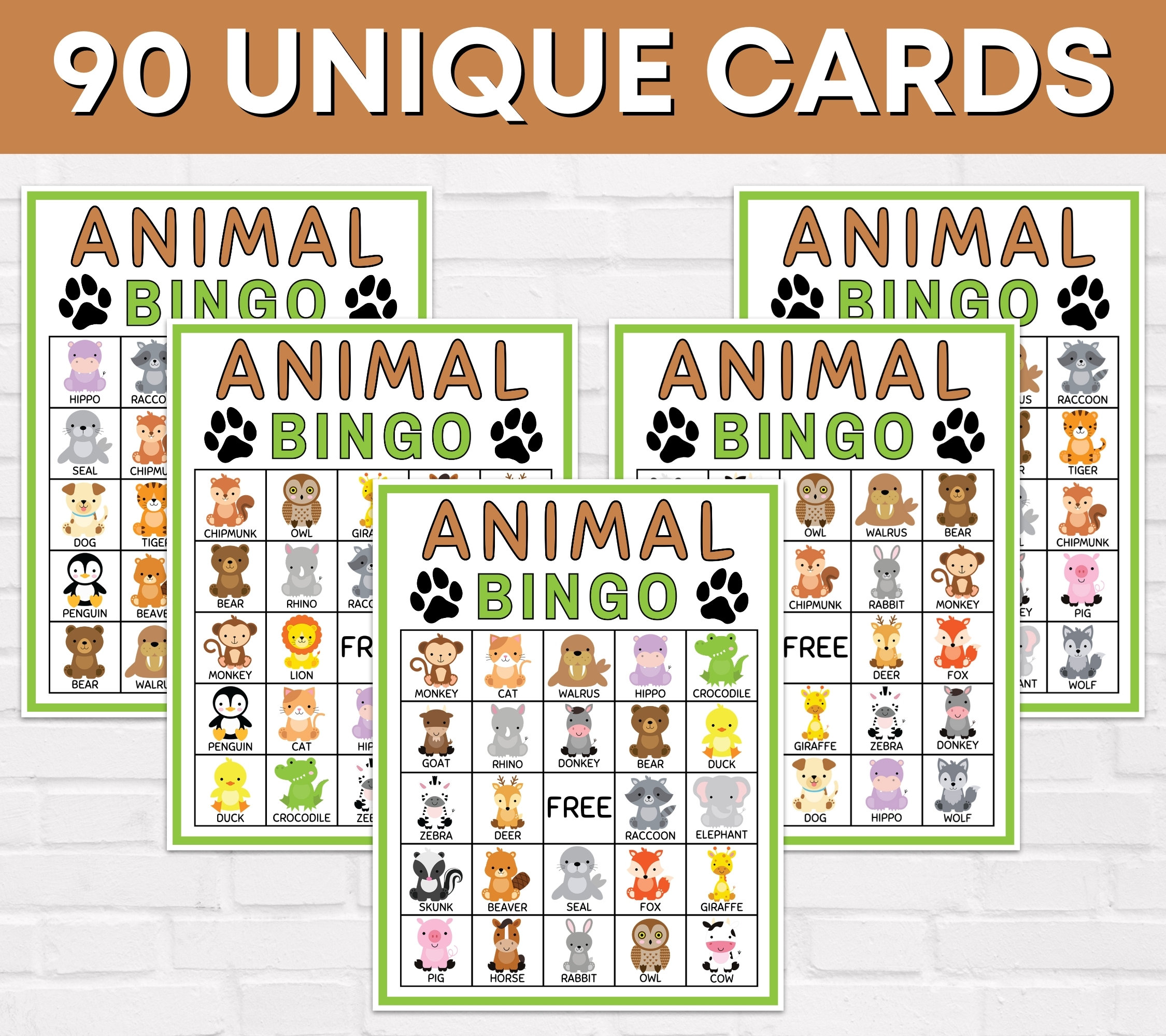90 Animal Bingo Cards Printable Game, Zoo Baby Animal Bingo Boards ...