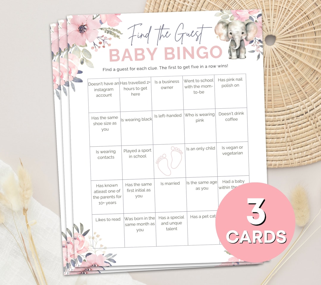 Elephant Baby Shower Bingo Cards, Baby Girl Shower Mingle Icebreaker ...