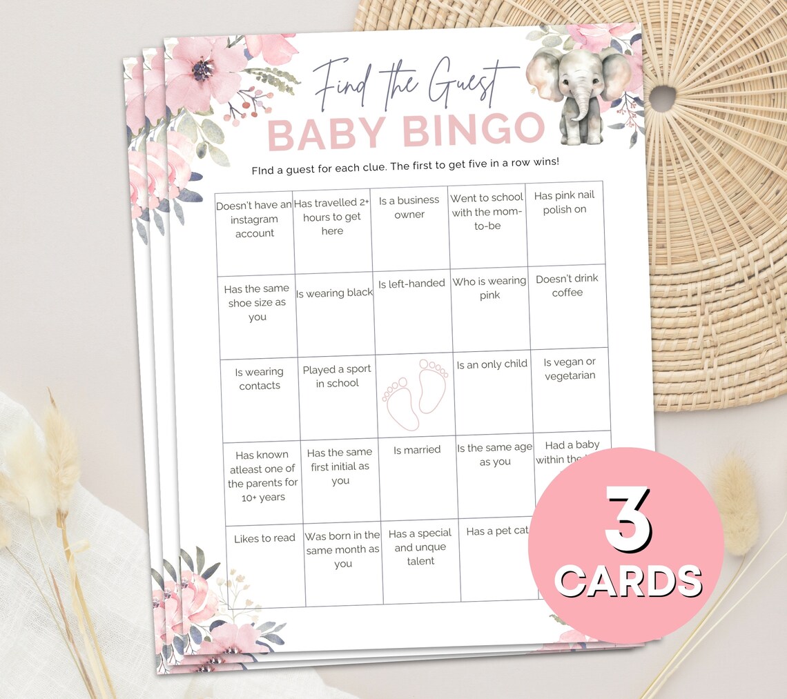 Elephant Baby Shower Bingo Cards, Baby Girl Shower Mingle Icebreaker ...