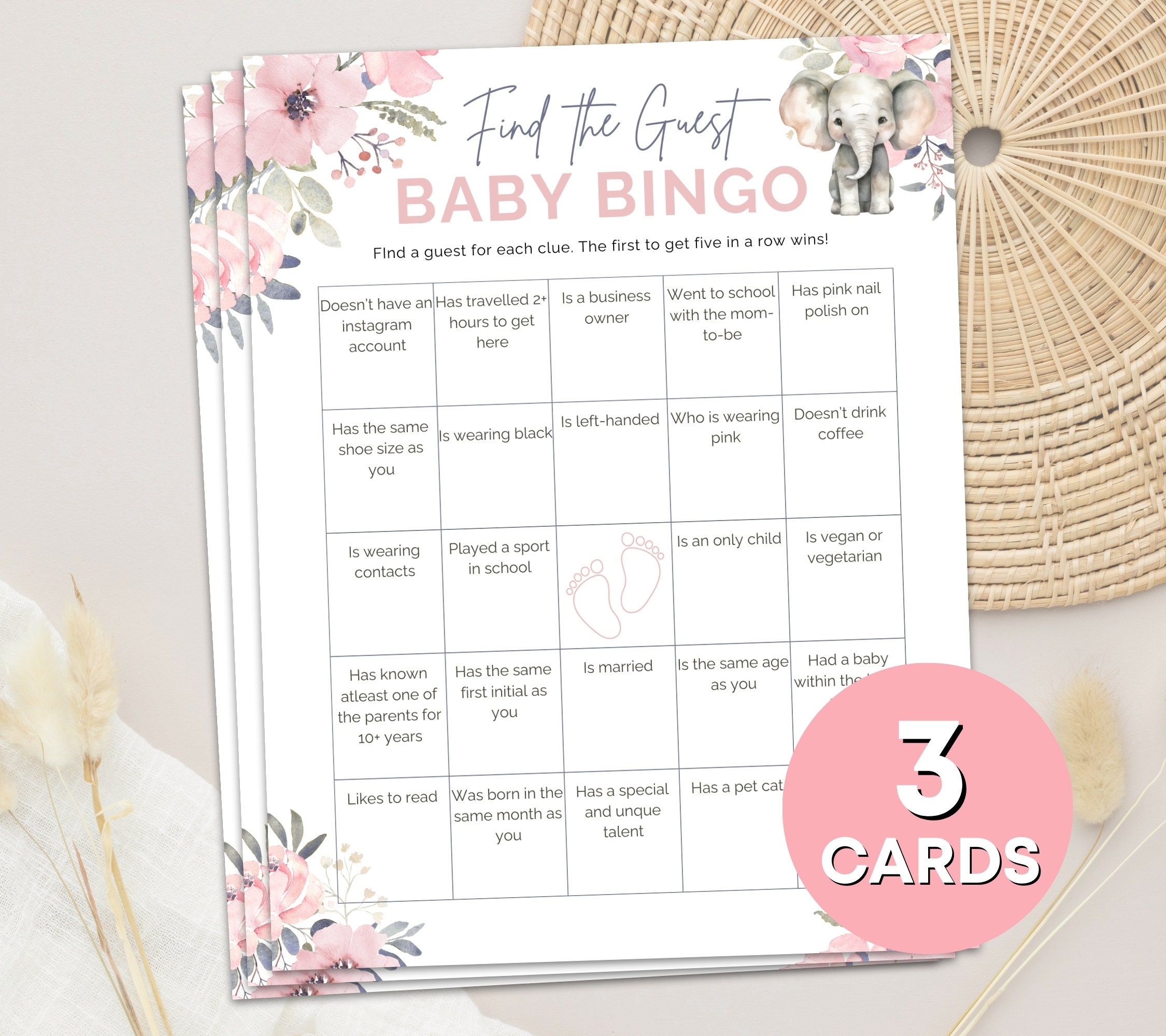 Elephant Baby Shower Bingo Cards, Baby Girl Shower Mingle Icebreaker ...