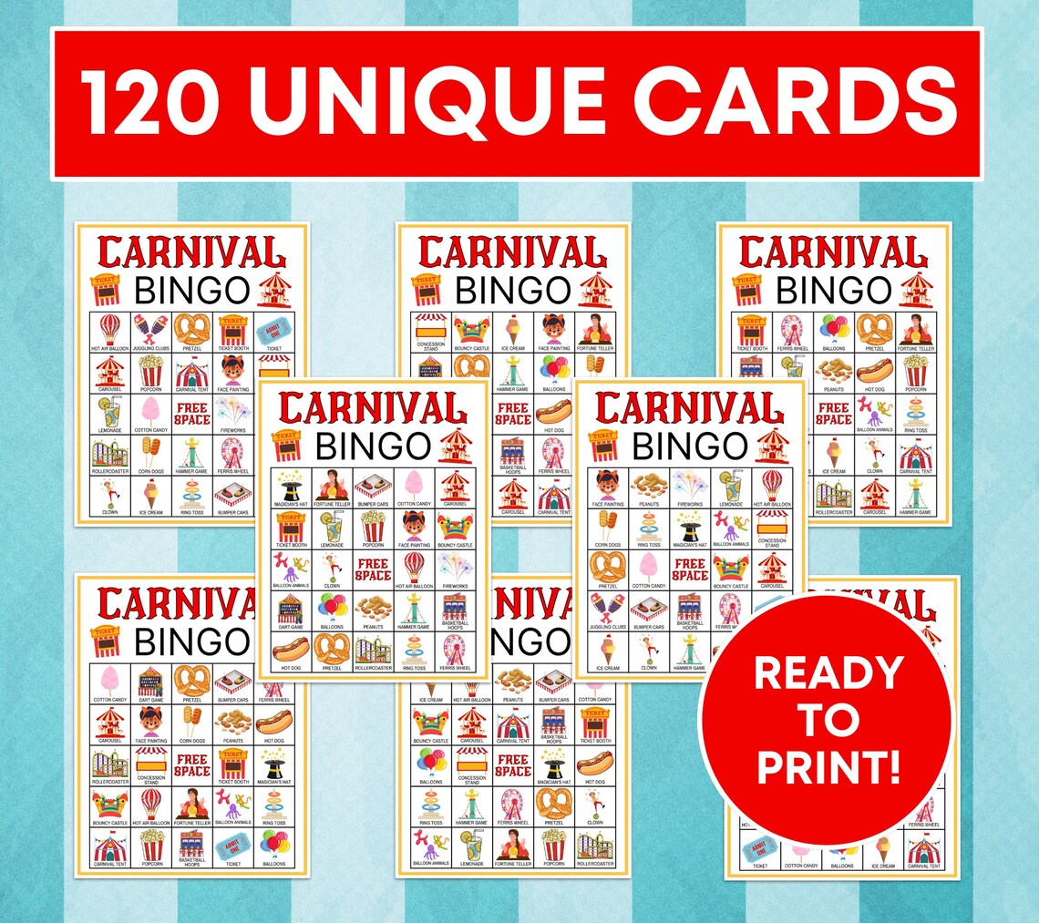 120 Carnival Bingo Cards Printable Game, Carnival Party Bingo Boards ...