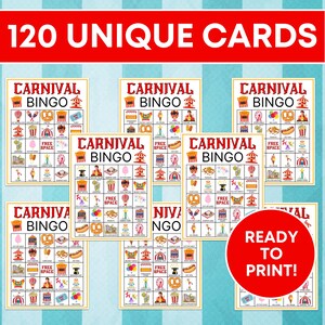 120 Carnival Bingo Cards Printable Game, Carnival Party Bingo Boards ...