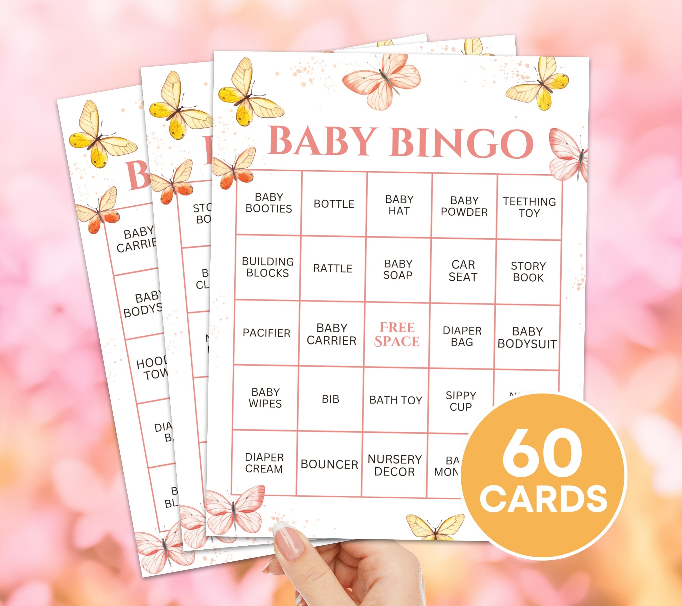 60 Butterflies Baby Shower Bingo Cards Printable Game, Baby Butterfly ...