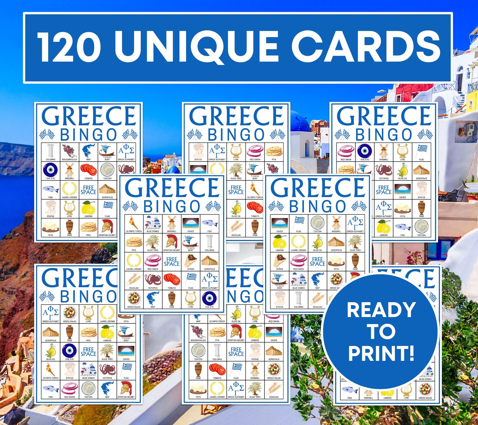 120 Greece Bingo Cards Printable Game, Greece Travel Bingo Boards Game ...