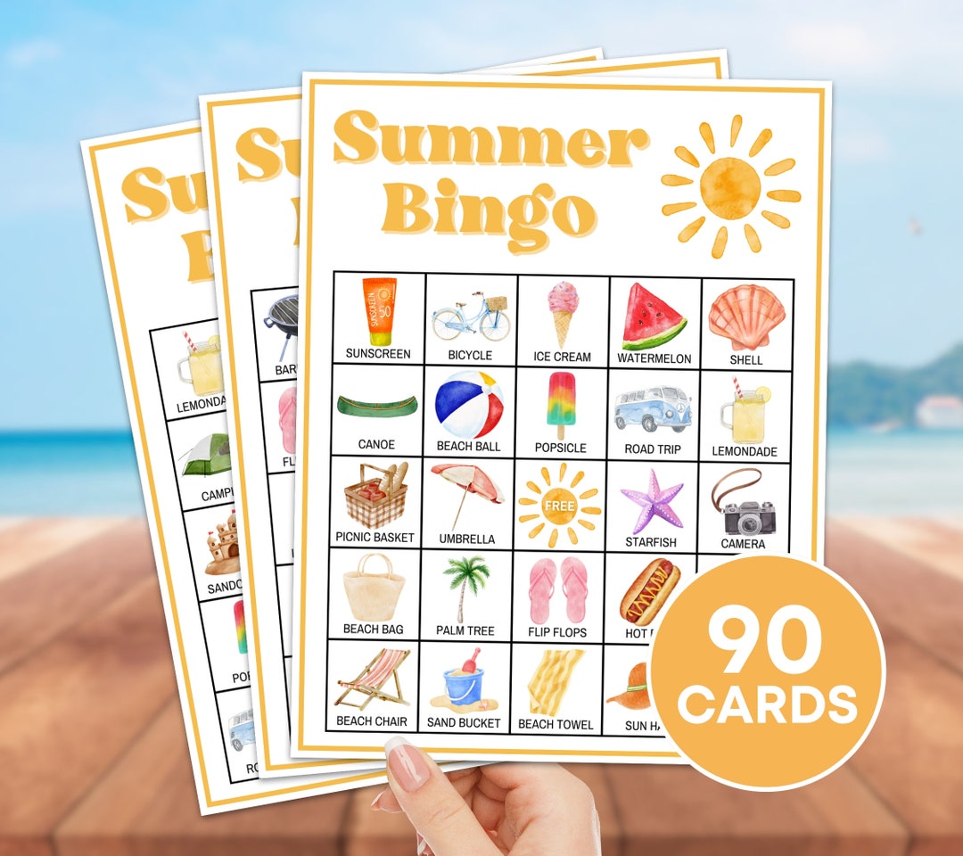 90 Summer Bingo Cards Printable Game, Summer Birthday Party Bingo Game ...