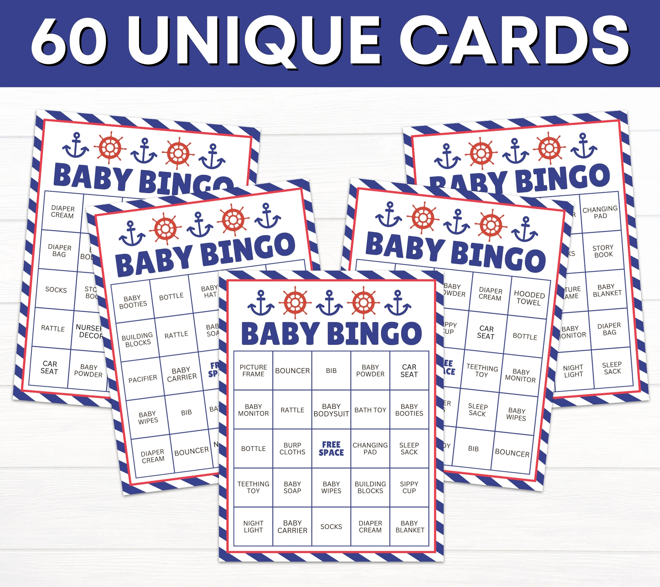 60 Ahoy Nautical Baby Shower Bingo Cards Printable Game, Baby Boy ...