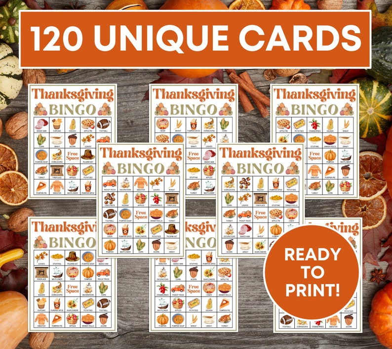 120 Thanksgiving Bingo Cards Printable Game, Thanksgiving Fall Bingo ...
